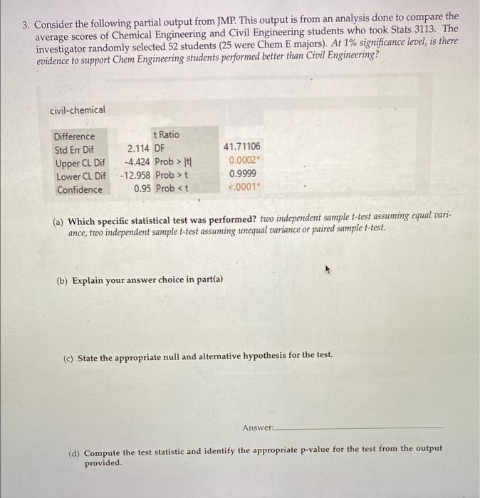 Solved 3. Consider the following partial output from JMP. | Chegg.com