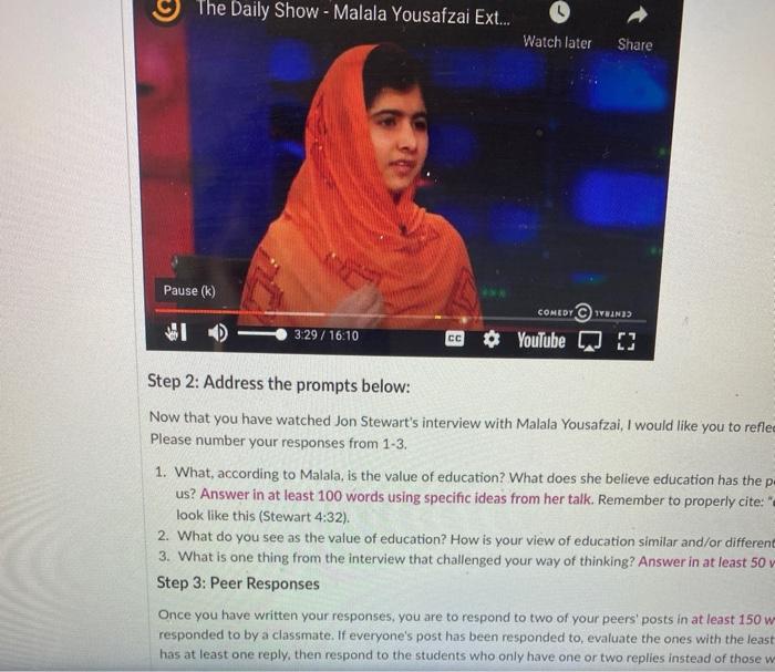 Solved The Daily Show - Malala Yousafzai Ext... Watch later | Chegg.com