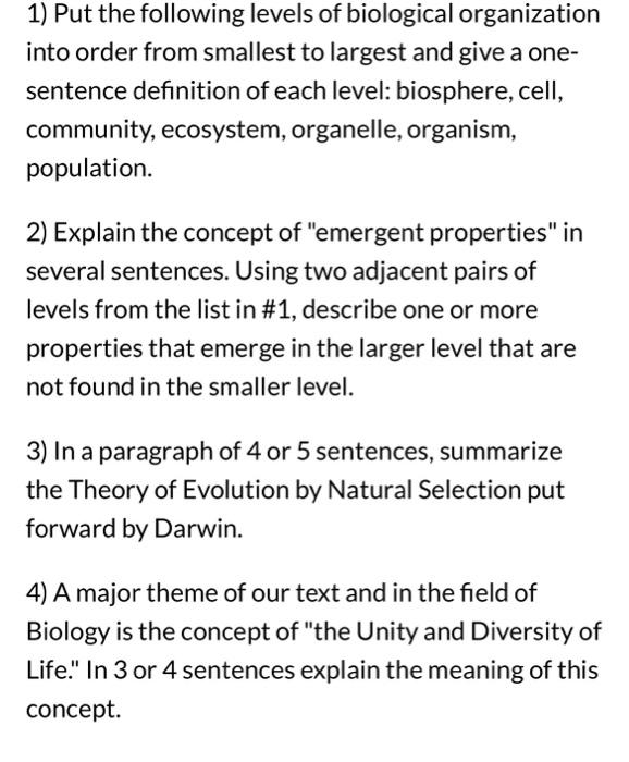 Solved 1) Put the following levels of biological | Chegg.com