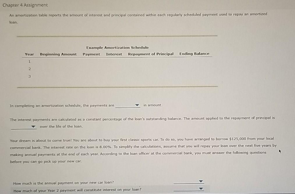 Solved Chapter 4 Assignment An amortization table reports | Chegg.com