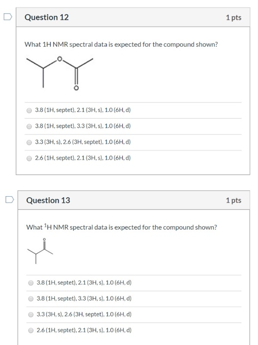 Solved Question 12 1 pts What 1H NMR spectral data is | Chegg.com