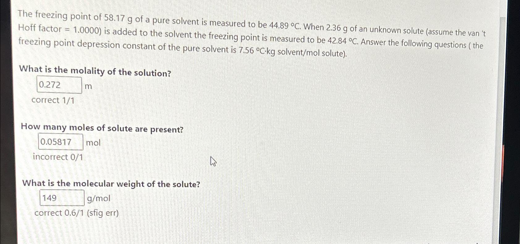 Solved The freezing point of 58.17g of a pure solvent is | Chegg.com