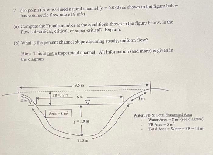 Solved 2. (16 points) A grass-lined natural channel | Chegg.com
