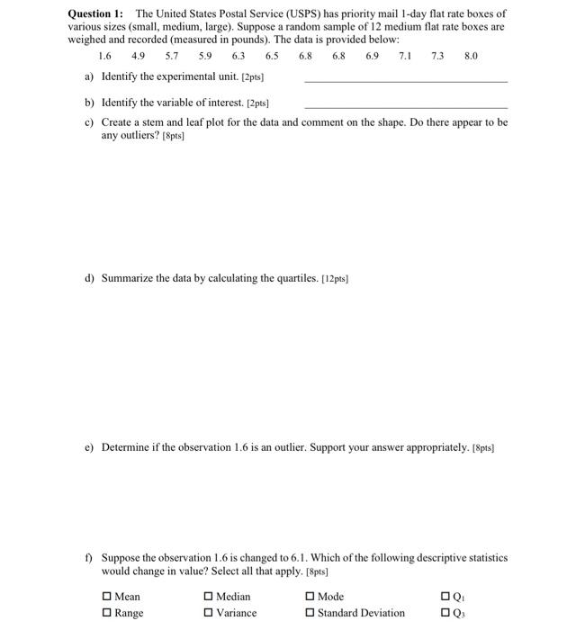Solved 7.1 8.0 Question 1: The United States Postal Service | Chegg.com