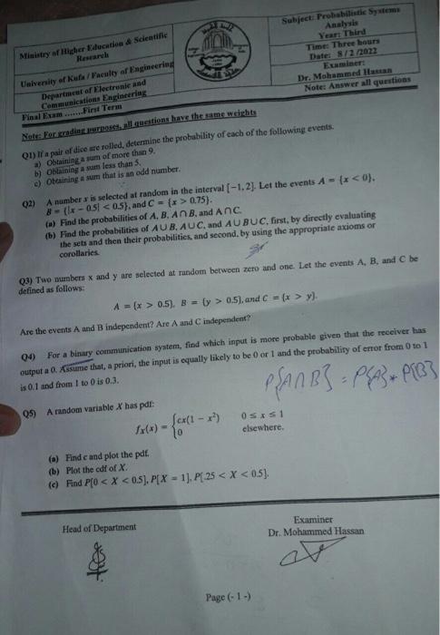 Q1) If a pair of dice are rolled, deternine the | Chegg.com
