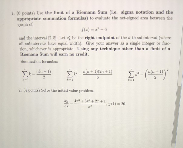 Solved 1. (6 points) Use the limit of a Riemann Sum (i.e. | Chegg.com