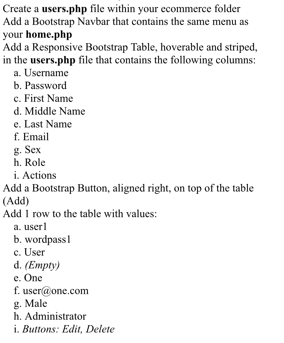 Solved Create a users.php file within your ecommerce folder | Chegg.com