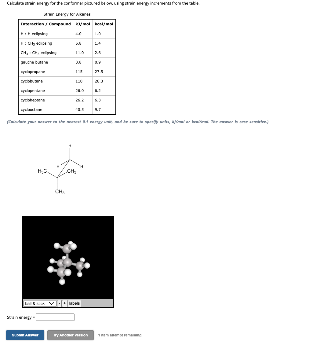 Solved Calculate strain energy for the conformer pictured | Chegg.com