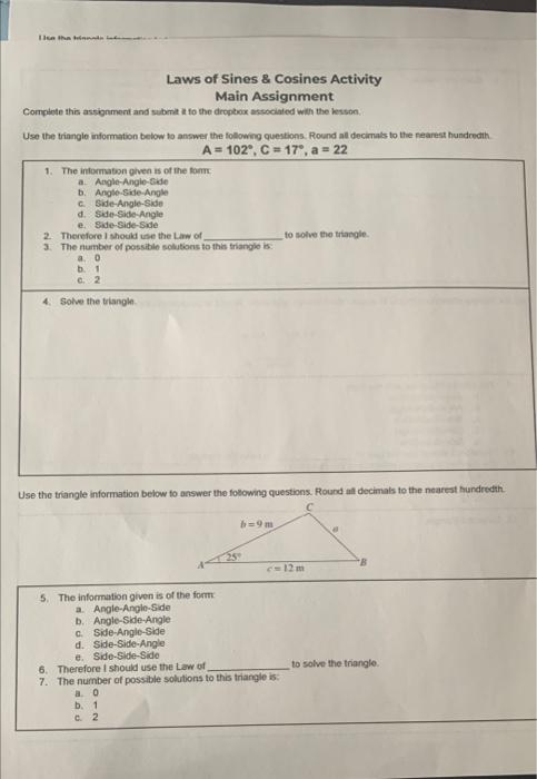 Solved In the bui Laws of Sines & Cosines Activity Main | Chegg.com