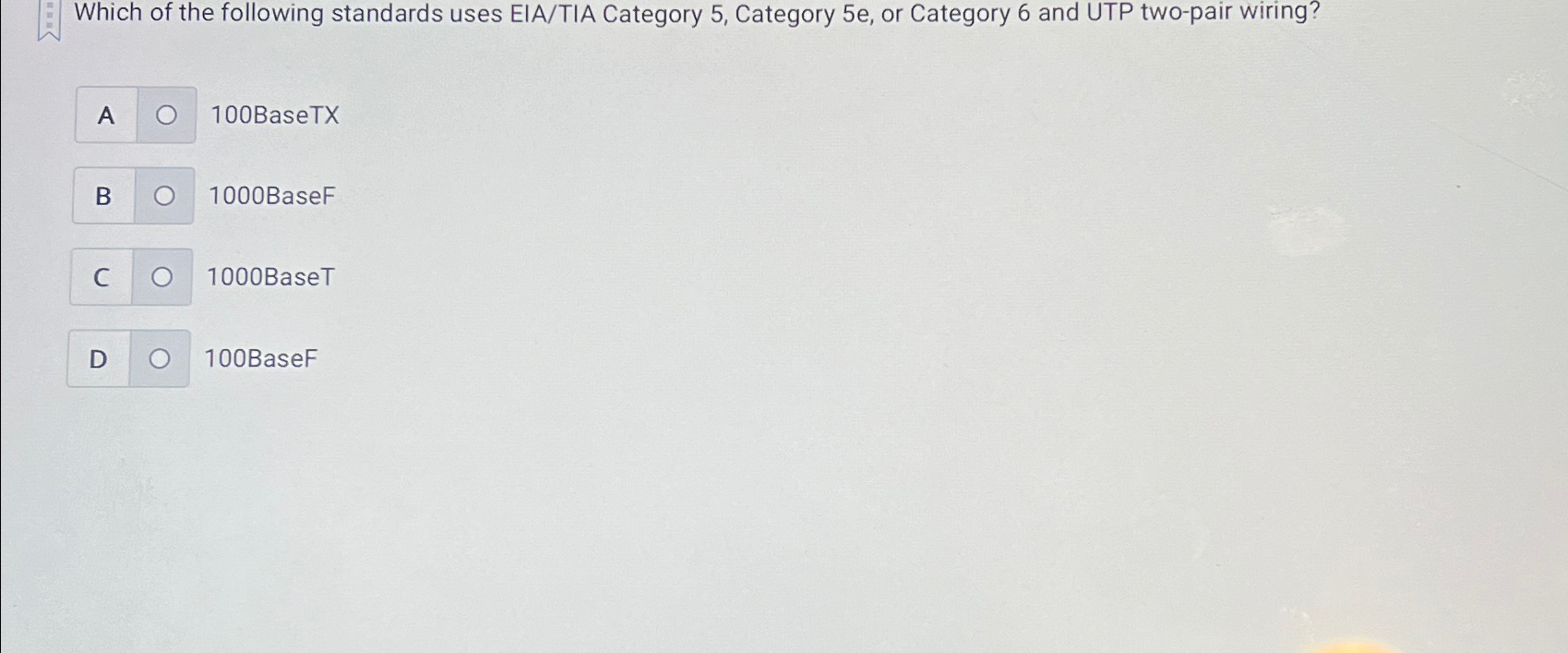 Solved Which of the following standards uses EIA/TIA | Chegg.com