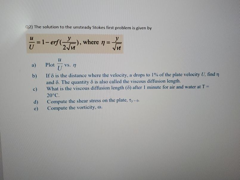 Q2) The solution to the unsteady Stokes first problem | Chegg.com