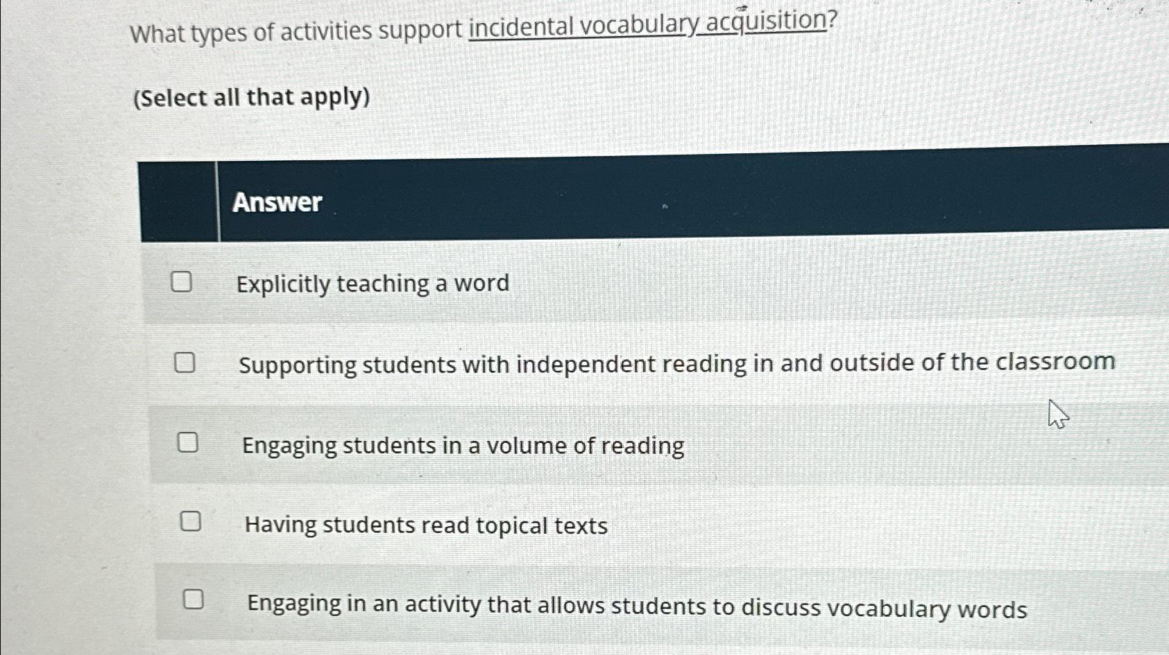 Solved What types of activities support incidental | Chegg.com