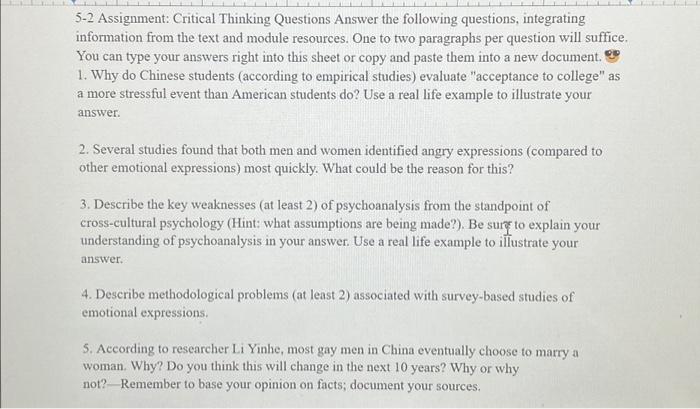 Solved 5-2 Assignment: Critical Thinking Questions Answer | Chegg.com
