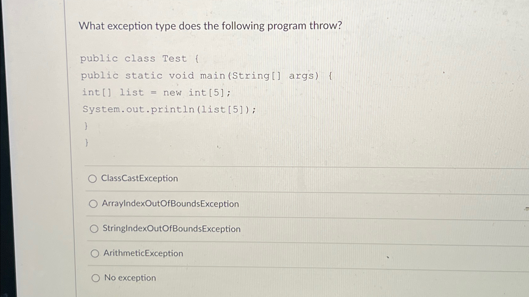 Solved What exception type does the following program | Chegg.com
