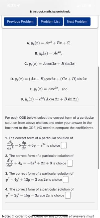 Solved instruct.math.Isa.umich.edu A. yp(x)=Ax2+Bx+C, B. | Chegg.com