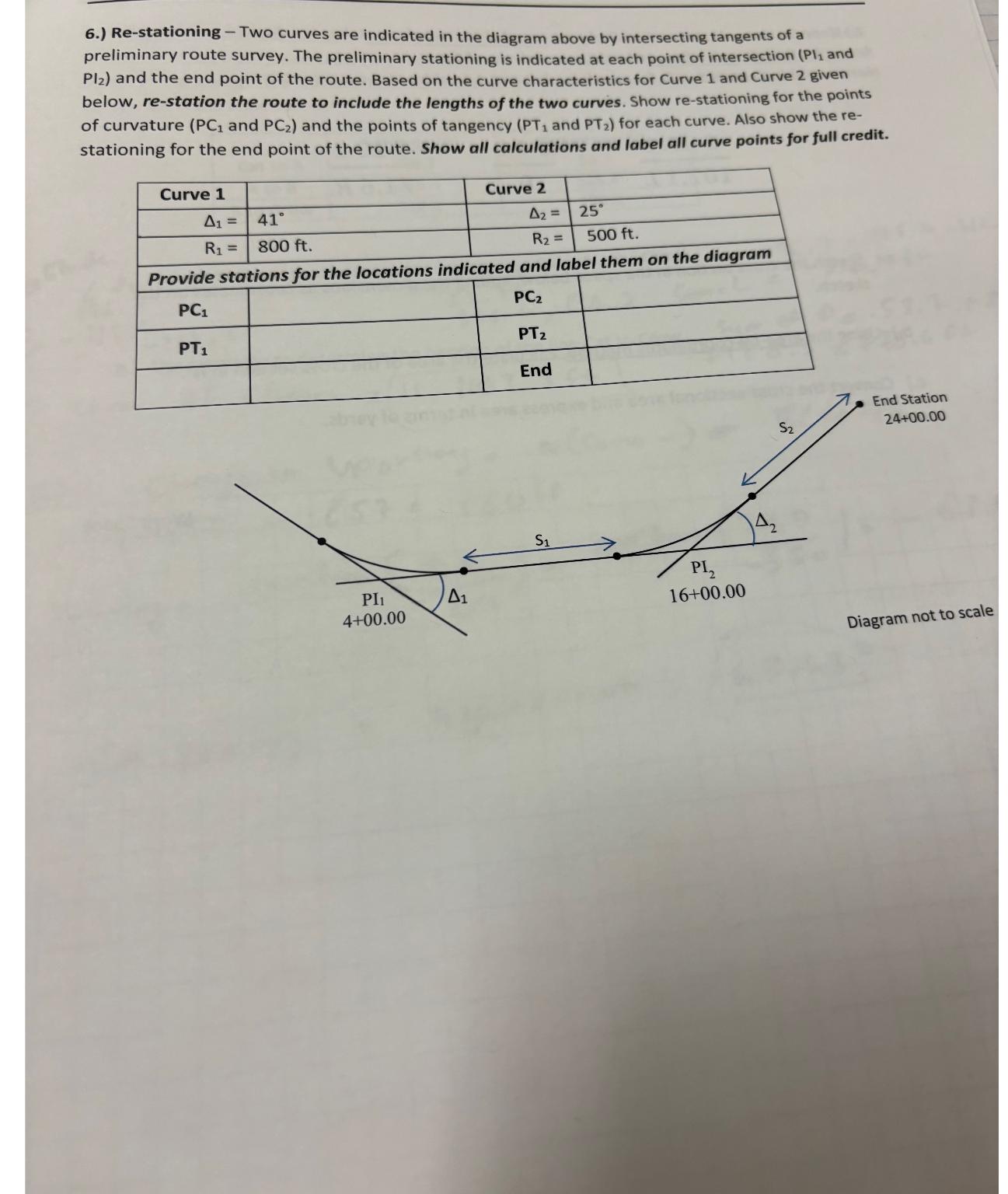Solved 6.) ﻿Re-stationing - ﻿Two curves are indicated in the | Chegg.com