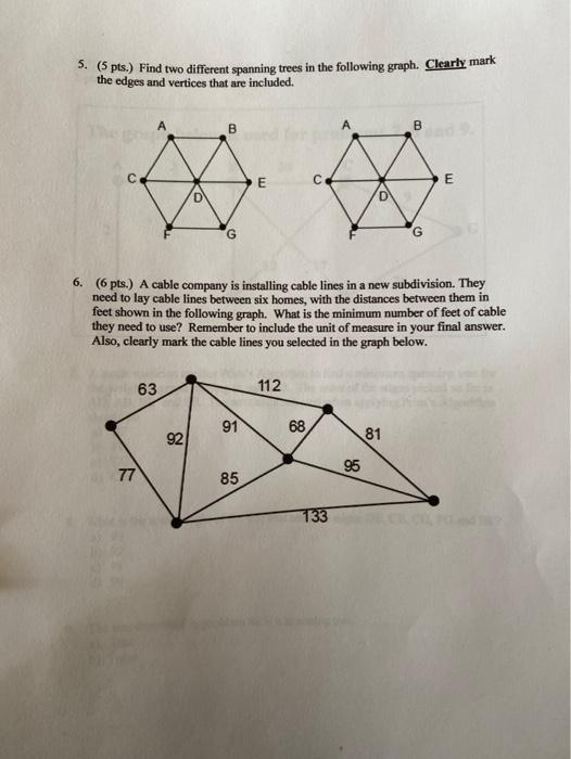 Solved 5. Spts.) Find two different spanning trees in the | Chegg.com Solved 5. Spts.) Find two different spanning trees in the | Chegg.com