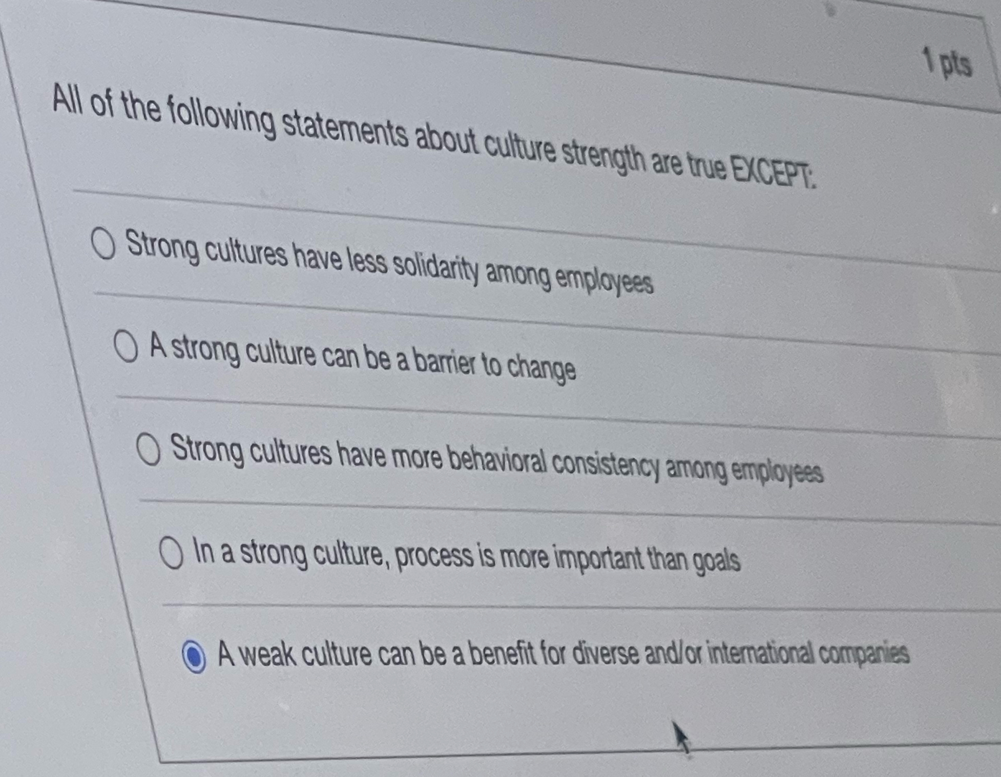 Solved 1 ﻿ptsAll of the following statements about culture | Chegg.com