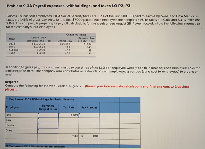 Solved Problem 9-3A Payroll expenses, withholdings, and | Chegg.com