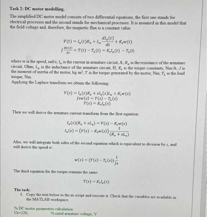 Solved Task 2: DC motor modelling. The simplified DC motor | Chegg.com