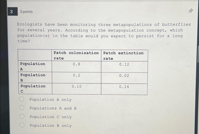 Solved 3 3 points Ecologists have been monitoring three | Chegg.com