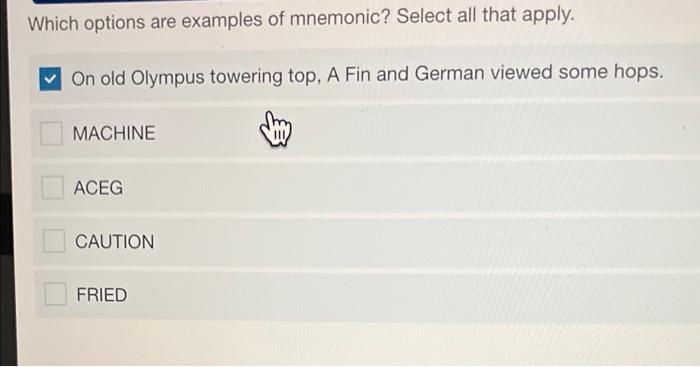 Solved Which options are examples of mnemonic? Select all | Chegg.com