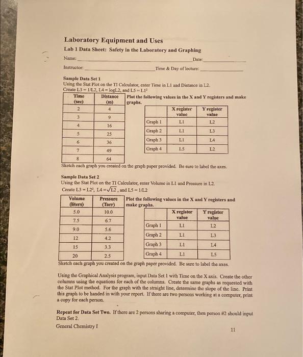 Solved Laboratory Equipment and Uses Lab 1 Data Sheet: | Chegg.com