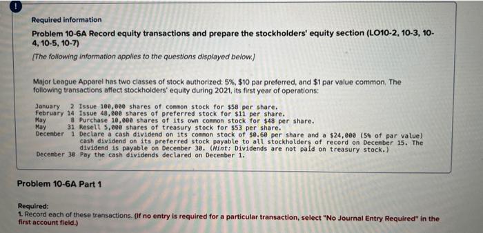 Solved Required information Problem 10-6A Record equity | Chegg.com