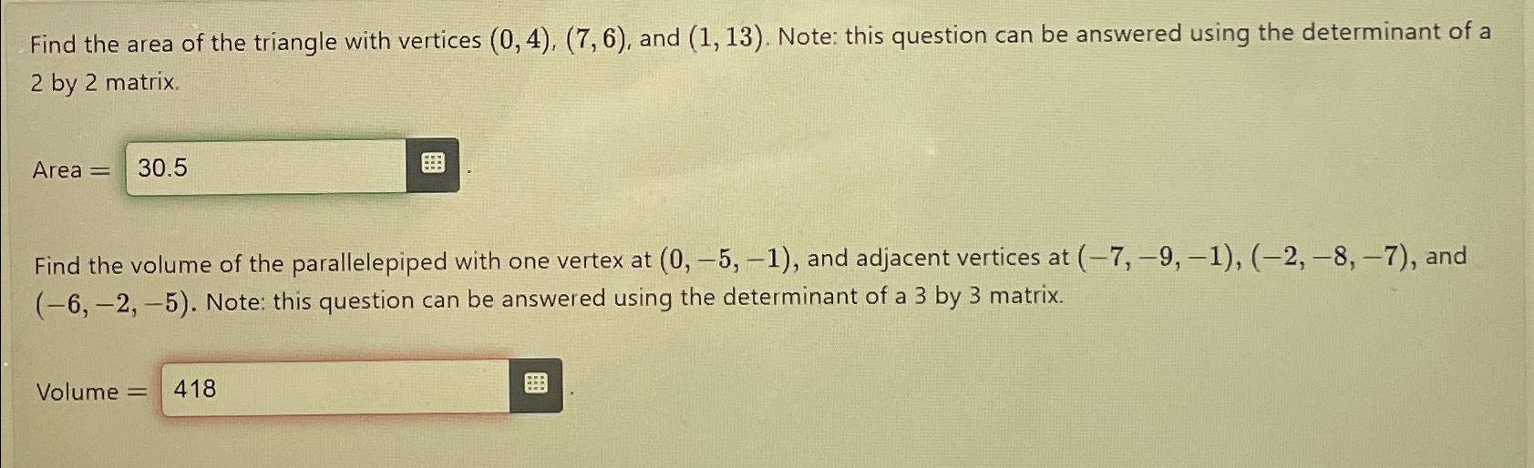 Solved Find the area of the triangle with vertices | Chegg.com