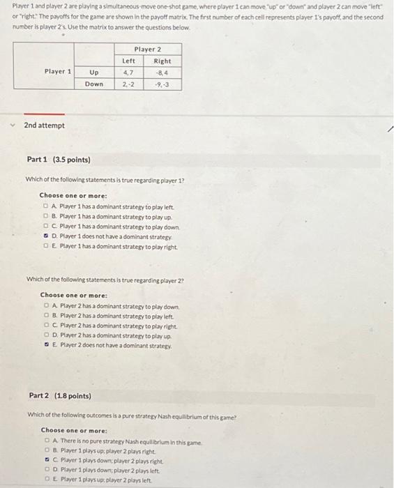 Solved Piayer 1 and player 2 are playing a simultaneous-move | Chegg.com