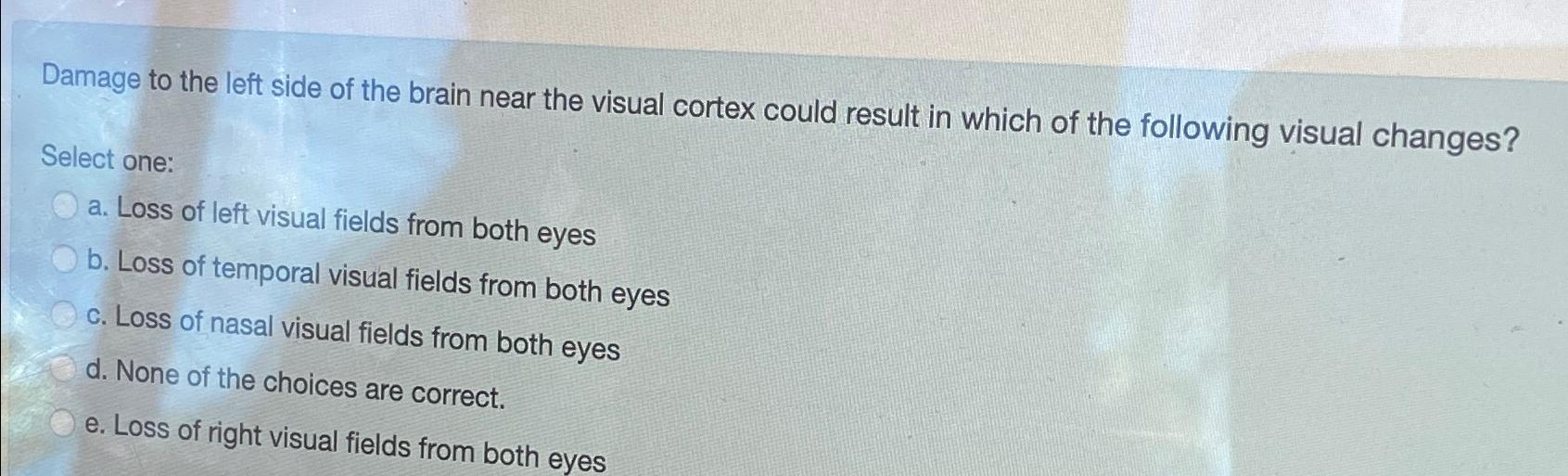 Solved Damage to the left side of the brain near the visual | Chegg.com