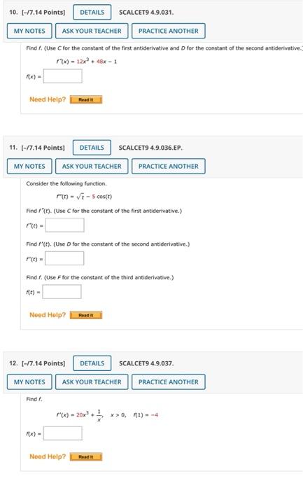 Solved [-r7.14 Points] SCALCET9 4.9.031. Find f. (Use C for | Chegg.com