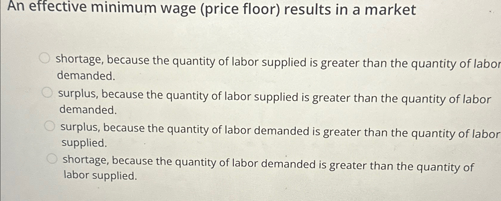 Solved An effective minimum wage (price floor) ﻿results in a | Chegg.com