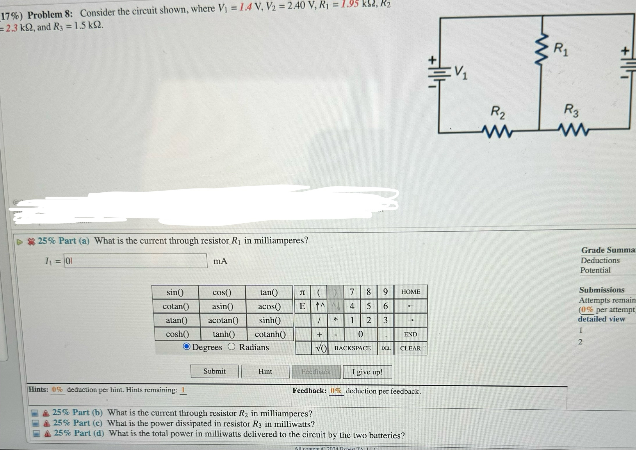 Solved Answer all partsV1= 1.4V V2 = 2.40V R1=1.95 ﻿kohms | Chegg.com
