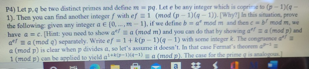 Solved P4) Let p, q be two distinct primes and define m = | Chegg.com