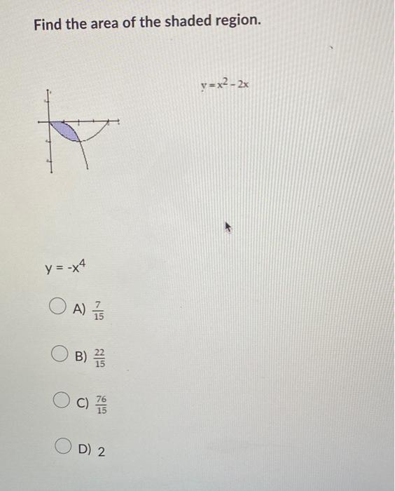 Solved Find the area of the shaded region. y=x2−2x y=−x4 A) | Chegg.com