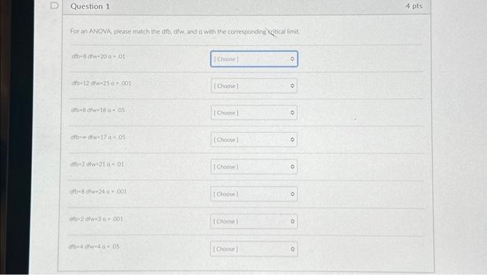 Solved Question 1 For an ANOVA, please match the dfb, dfw, | Chegg.com