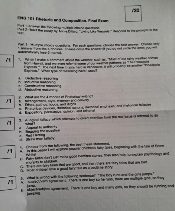 ENG 101 Rhetoric and Composition. Final Exam Part | Chegg.com