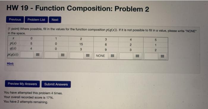 Solved HW 19 - Function Composition: Problem 2 Previous | Chegg.com