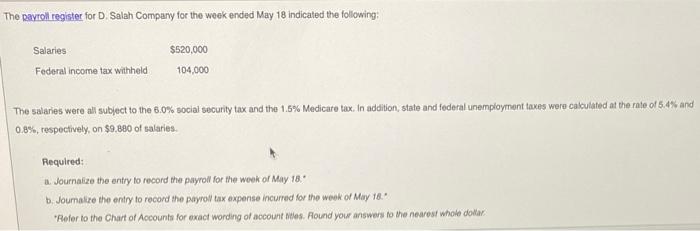 Solved The payroll register for D. Salah Compary for the | Chegg.com