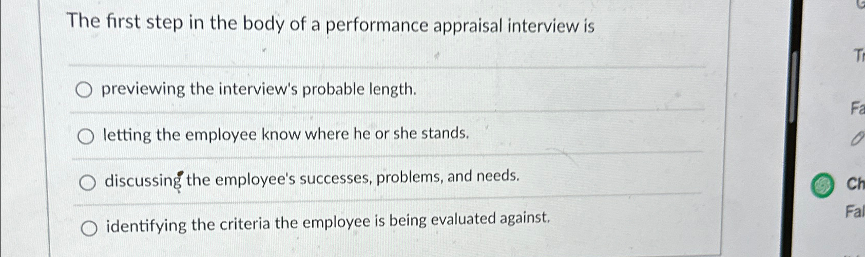 Solved The first step in the body of a performance appraisal | Chegg.com