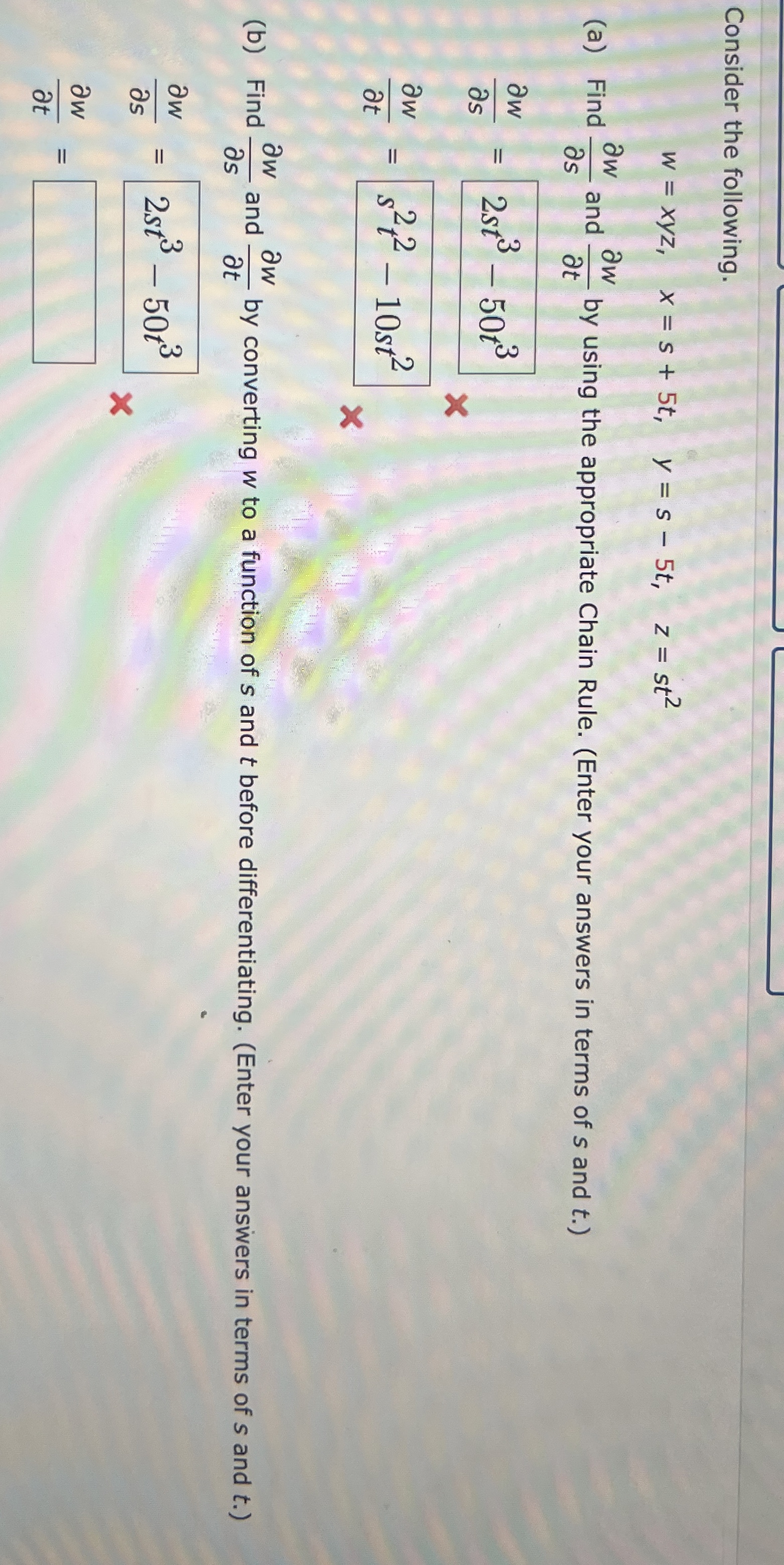 Solved Consider the following.w=xyz,x=s+5t,y=s-5t,z=st2(a) | Chegg.com
