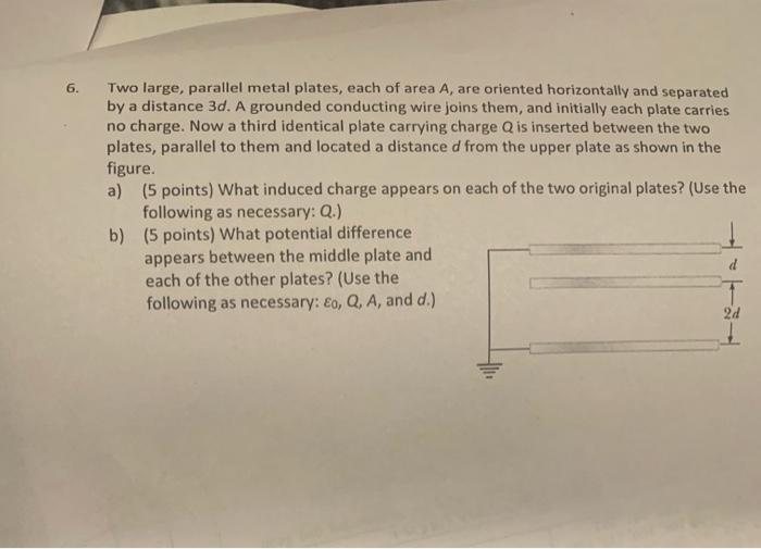 Solved 6. Two large, parallel metal plates, each of area A, | Chegg.com