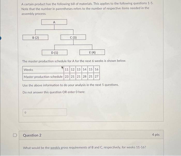 Solved A certain product has the following bill of | Chegg.com