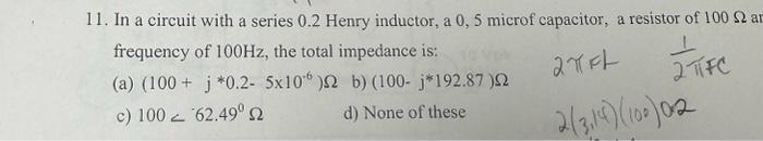 Solved 1. In a circuit with a series 0.2 Henry inductor, a | Chegg.com