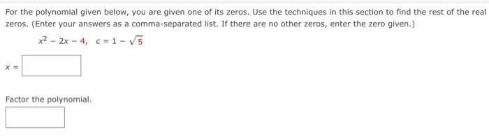 Solved For the polynomial given below, you are given one of | Chegg.com