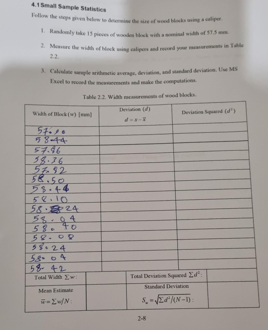 Solved 4.1 Small Sample Statistics Follow the steps given | Chegg.com