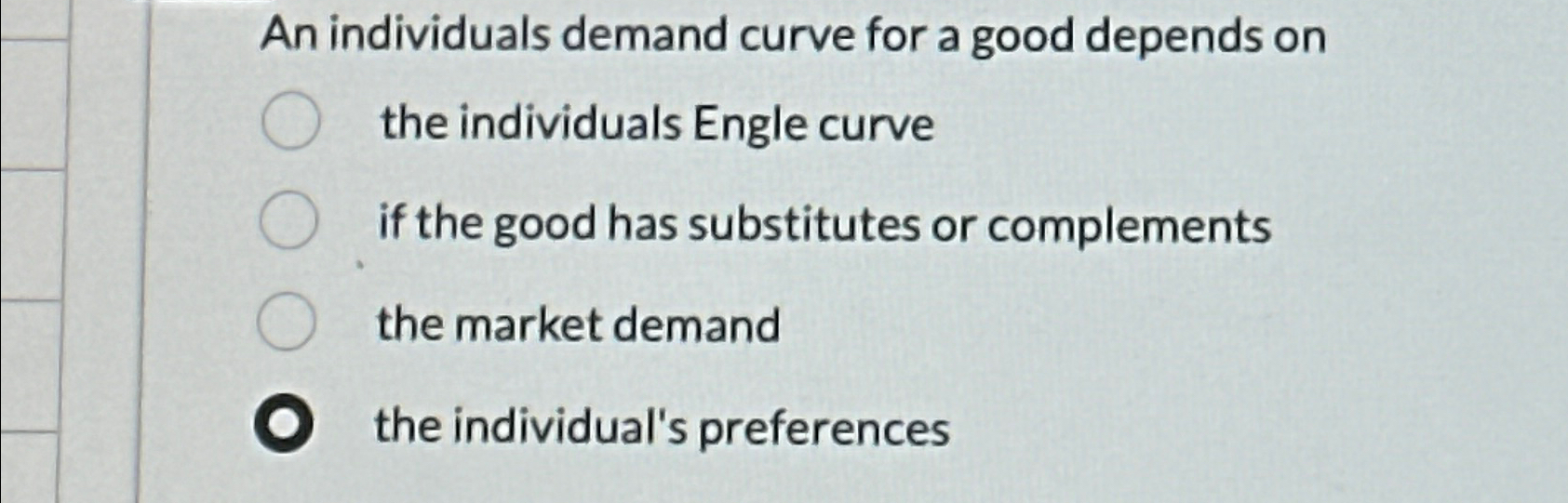 Solved An individuals demand curve for a good depends on the | Chegg.com