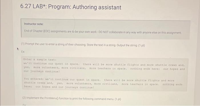 Solved 6.27LAB : Program: Authoring assistant Instructor | Chegg.com