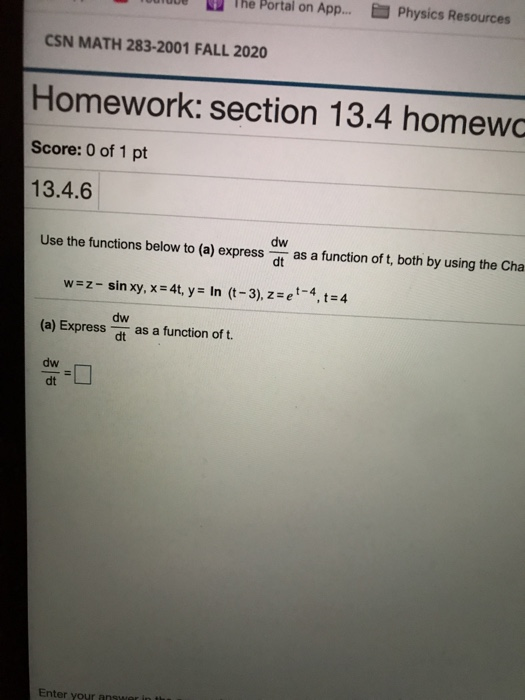 Solved The Portal on App... Physics Resources CSN MATH | Chegg.com